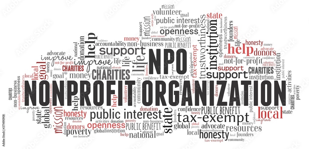 Nonprofit organization word cloud isolated on a white background. Stock ... Nonprofit organization word cloud isolated on a white background. Stock ...