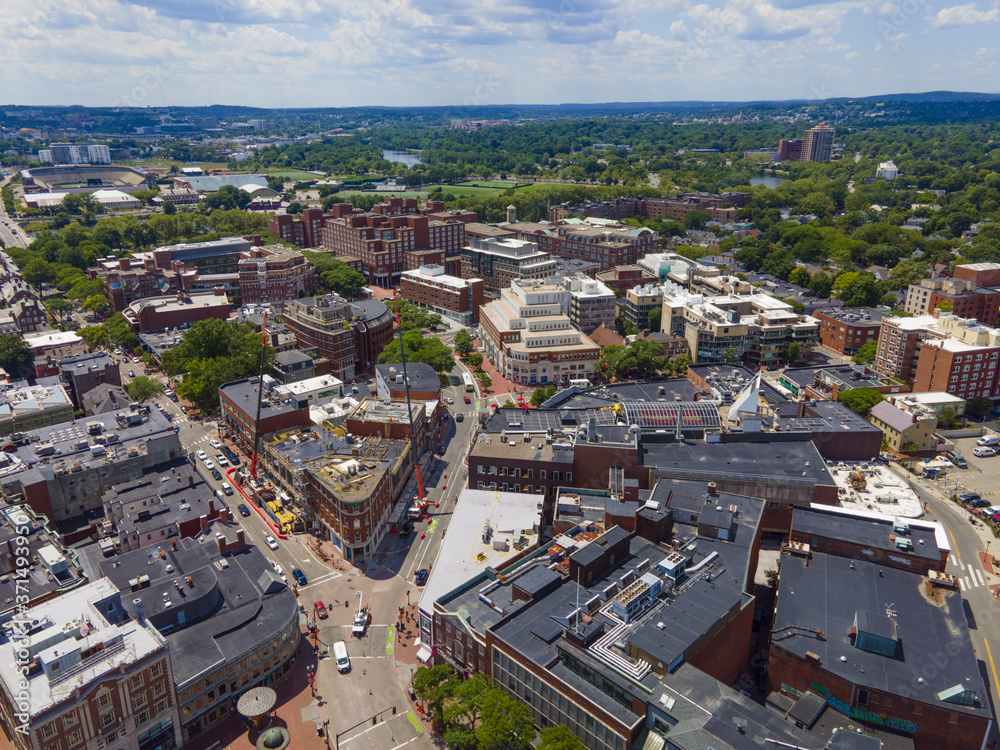 Aerial view of historic Harvard Square of Cambridge at Brattle Street ...