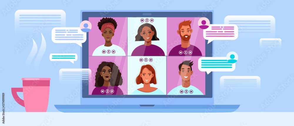 Video call vector illustration with laptop screen, diverse people ...