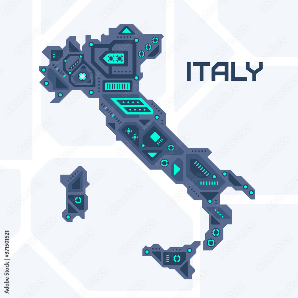 Abstract futuristic map of Italy. Mechanical circuit of the country ...