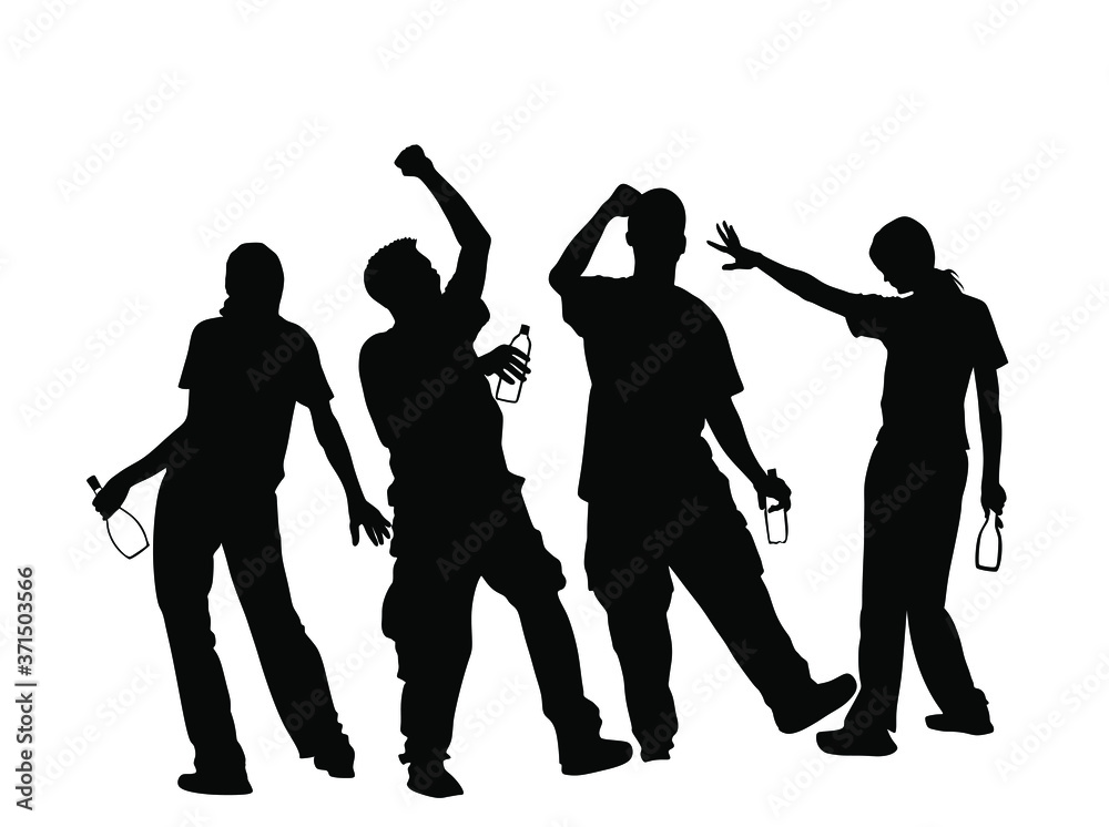 Vetor de Drunk persons with alcohol bottles vector silhouette. Crew on ...