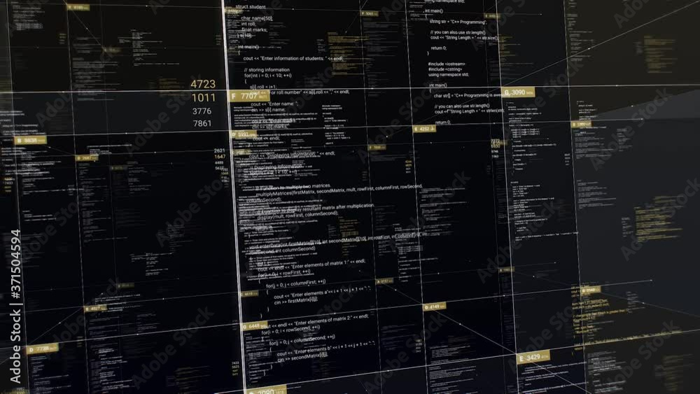 Tables with source codes on black background. Animation. 3D table in cyberspace with changing ...