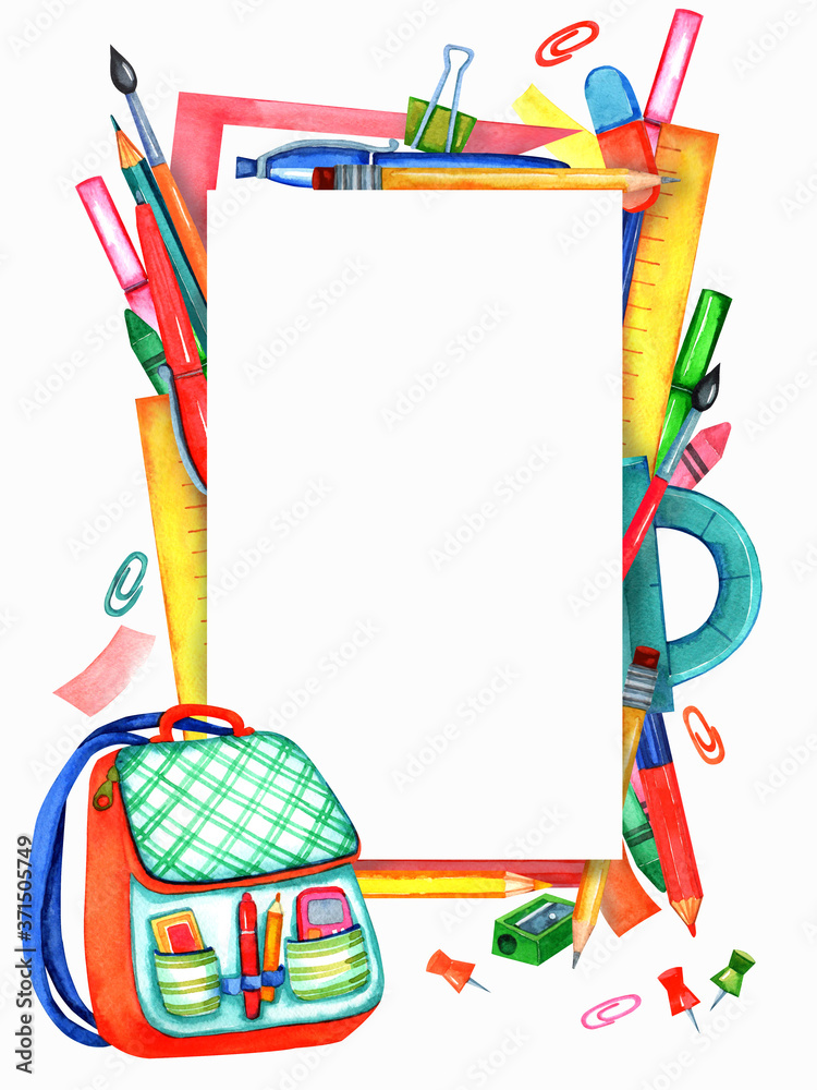 Back to school border. Elementary supplies frame. School bus, notebook ...
