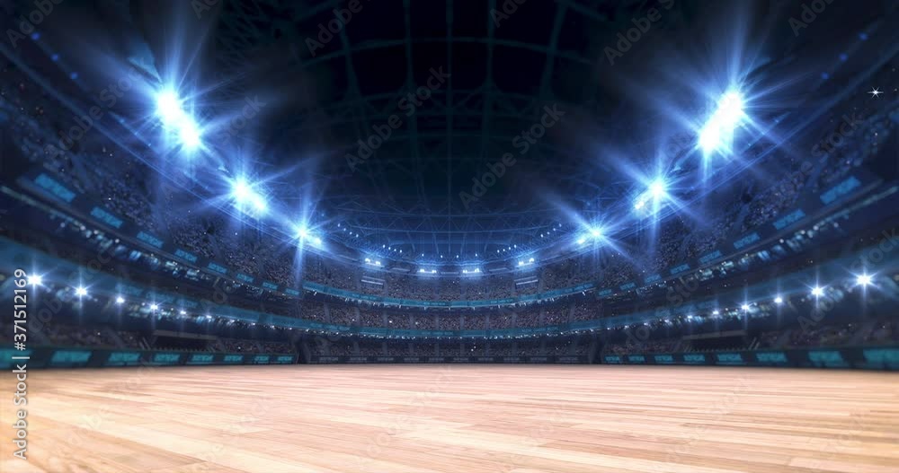 Sport stadium video background with wooden surface playground, flashing ...