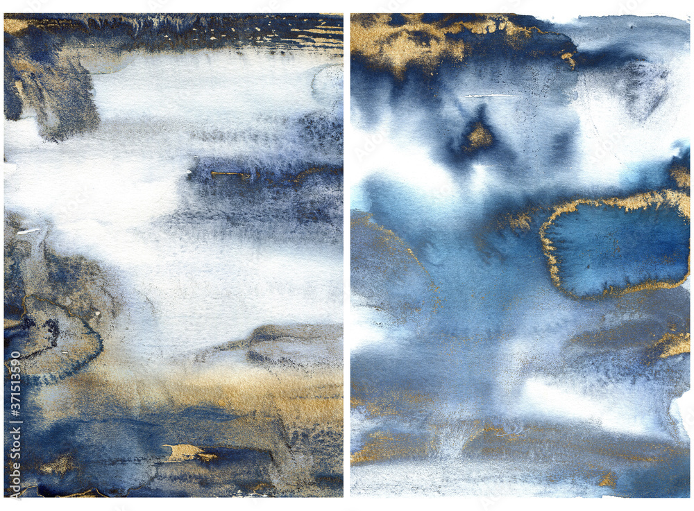 Watercolor abstract ocean texture with blue and gold waves. Hand ...