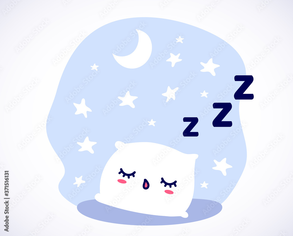 Kawaii cute sleeping cozy pillow in the night with ZZZ text in flat ...