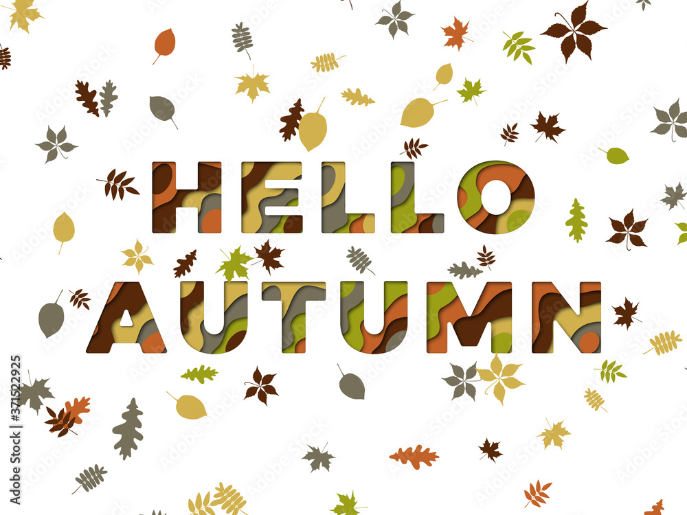 'hello autumn' text with paper cut layers and colorful leaves on white ...