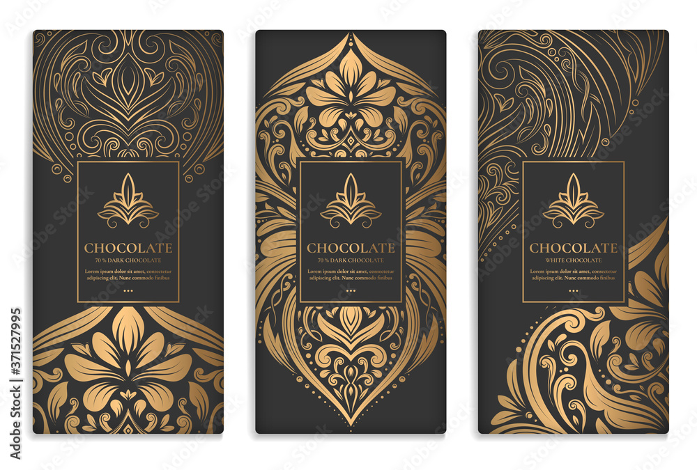 Black and gold packaging design of chocolate bars. Vintage vector ...