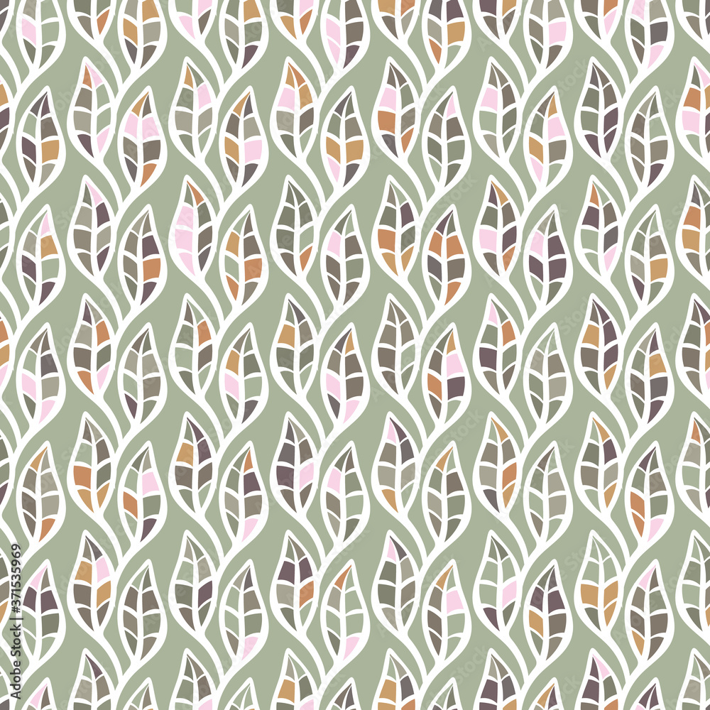climbing leaves seamless vector pattern in green, ochre, white, and pink. Living wall themed ...