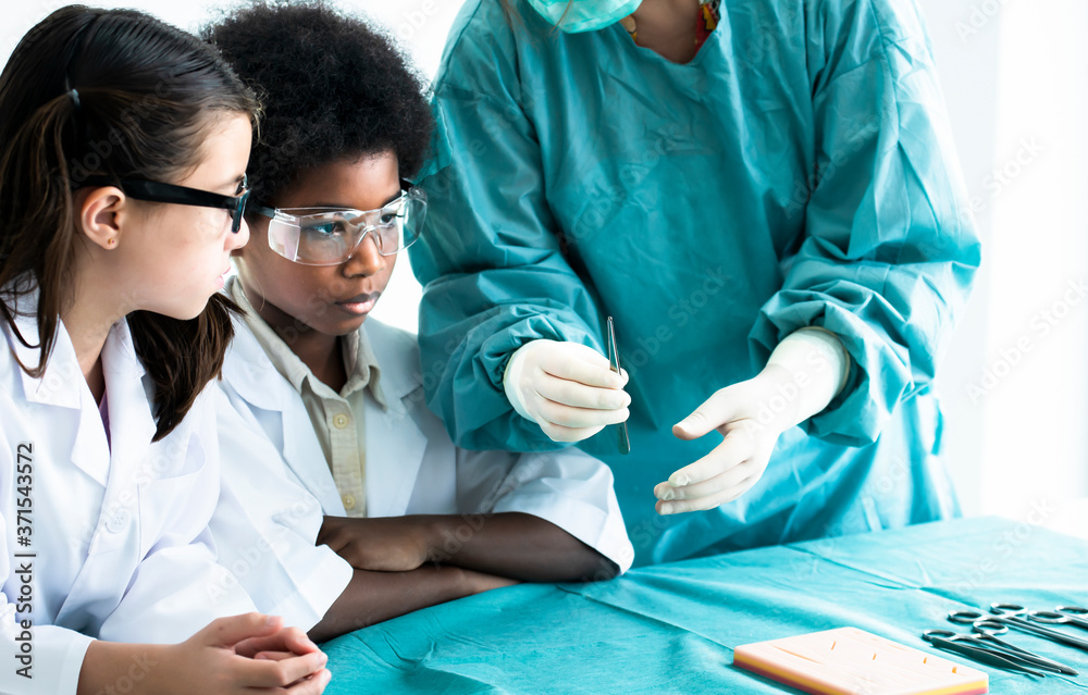 Doctor teaching student little kids about suturing practice in basic ...