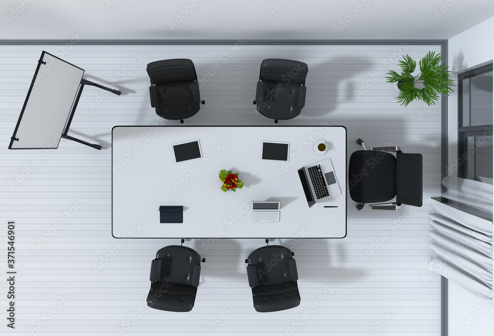 Top view of a conference room office interior. 3D rendering. Stock ...