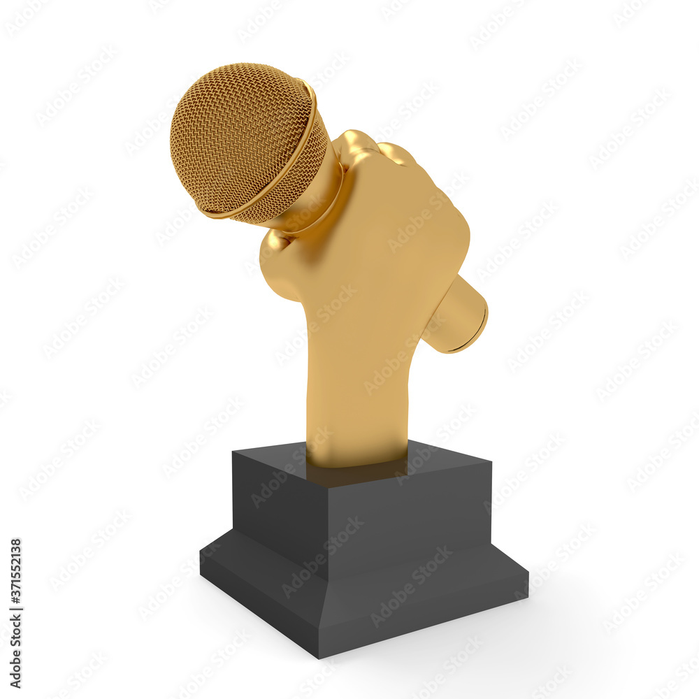 3d illustration trophy hand holding microphone pose style with base ...
