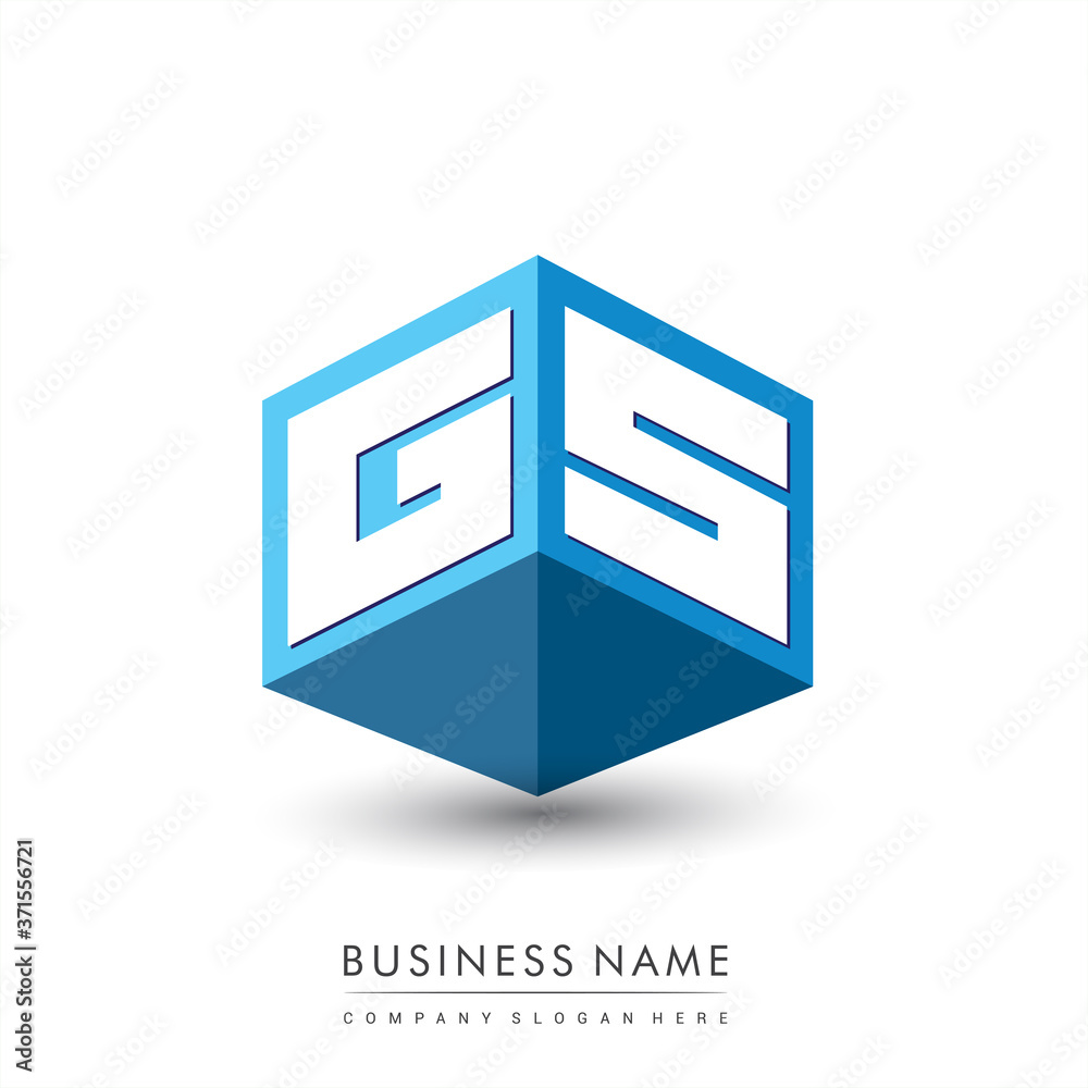 Letter GS logo in hexagon shape and blue background, cube logo with ...