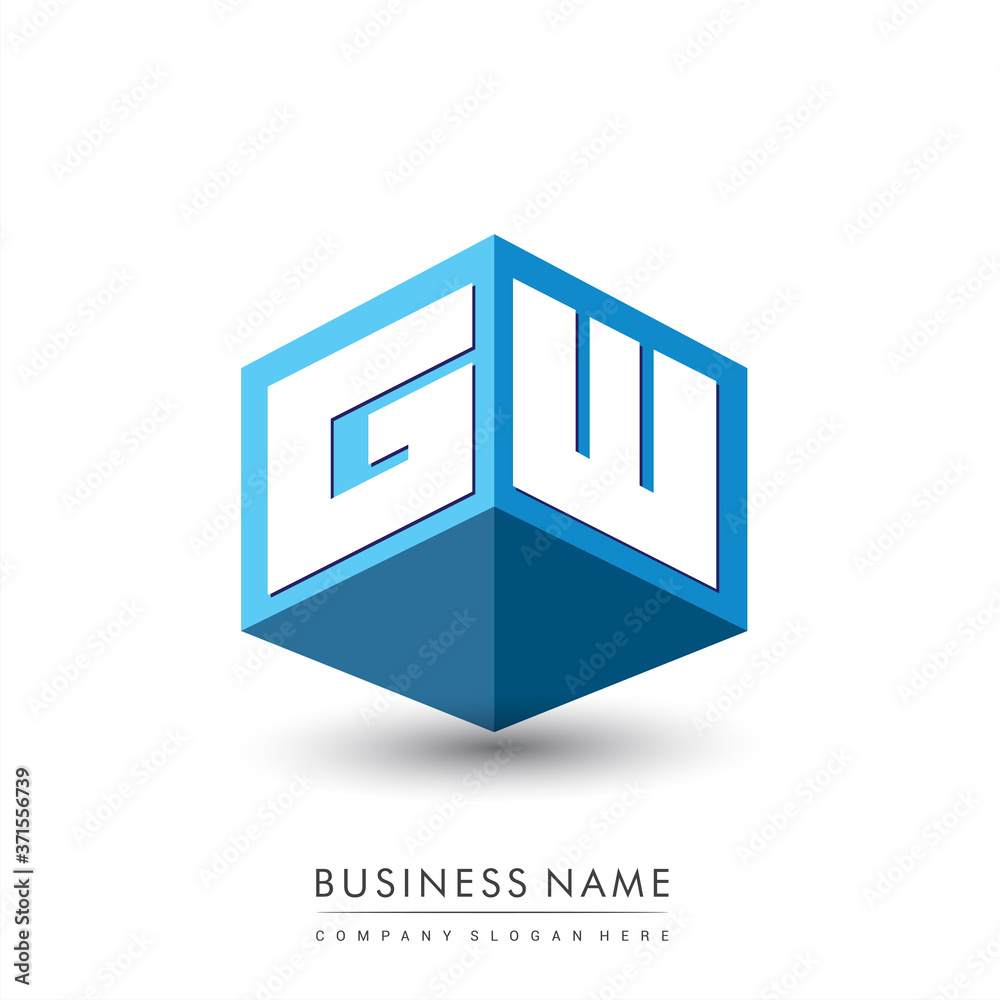 Letter GW logo in hexagon shape and blue background, cube logo with ...