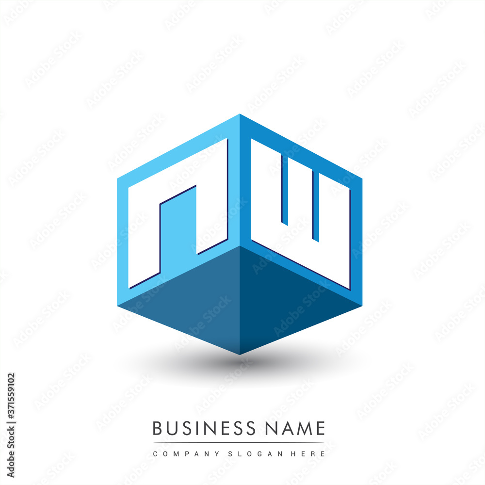 Letter NW logo in hexagon shape and blue background, cube logo with ...