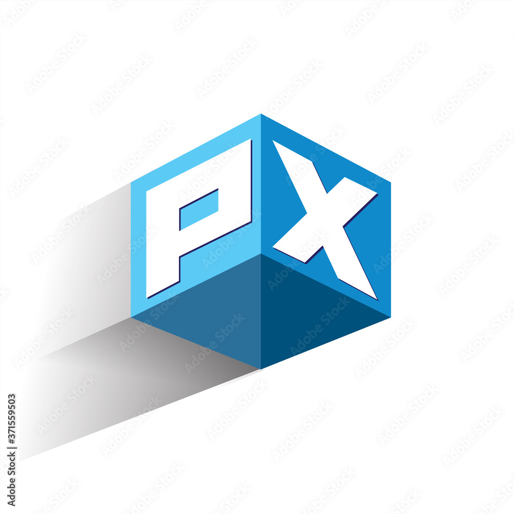 Letter PX logo in hexagon shape and blue background, cube logo with ...