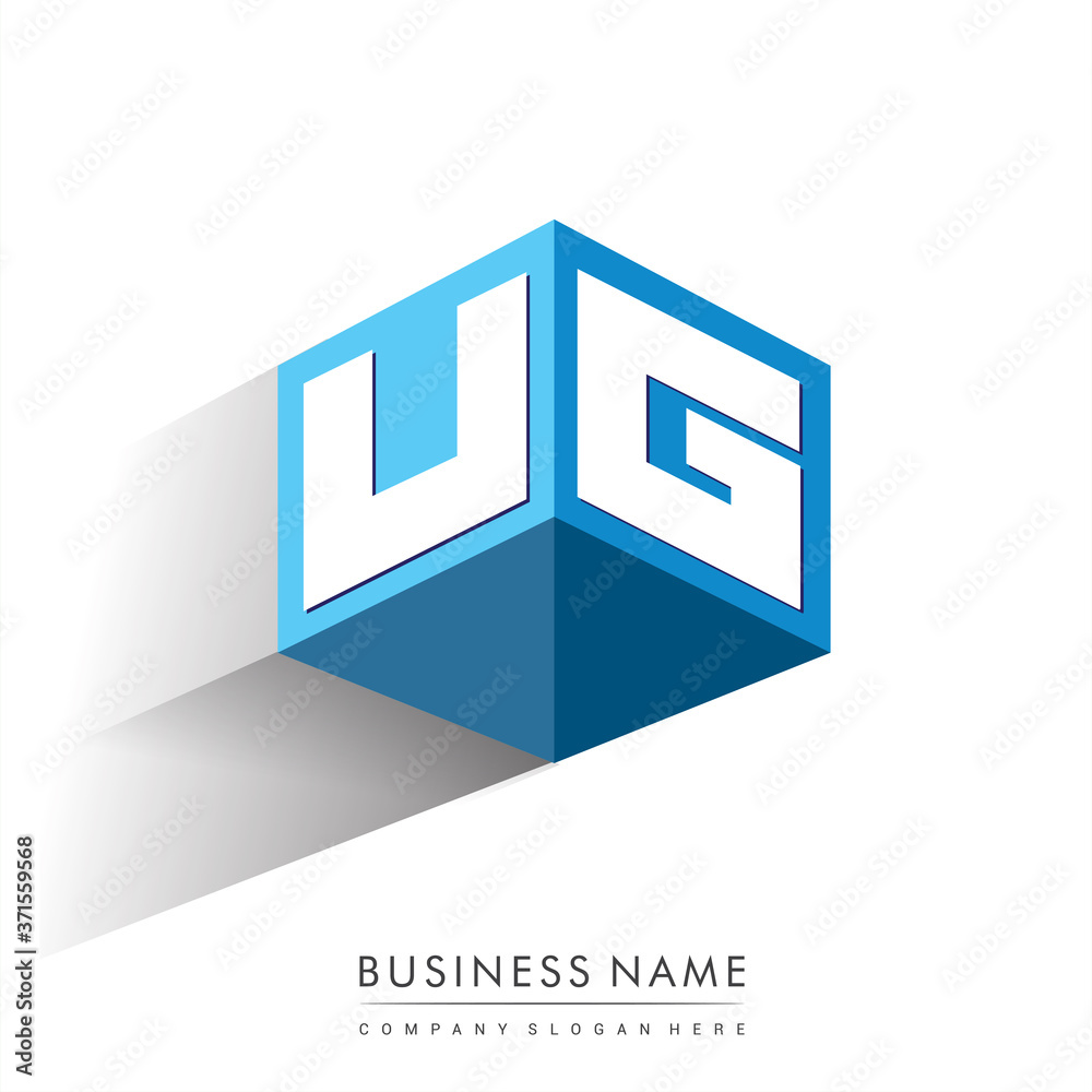 Letter UG logo in hexagon shape and blue background, cube logo with ...