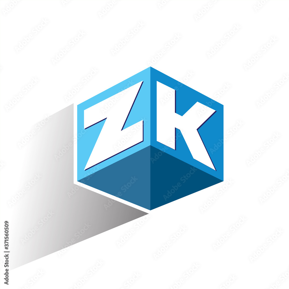 Letter ZK logo in hexagon shape and blue background, cube logo with ...