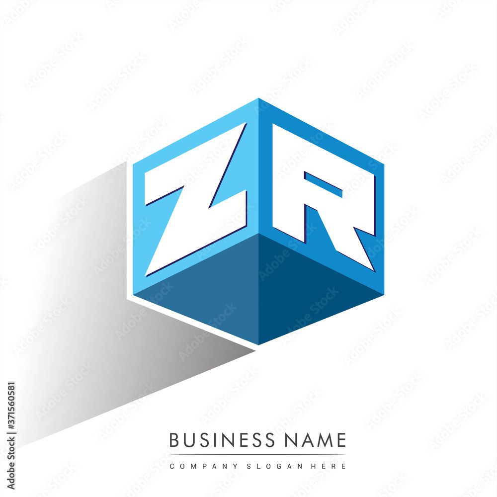 Letter ZR logo in hexagon shape and blue background, cube logo with ...