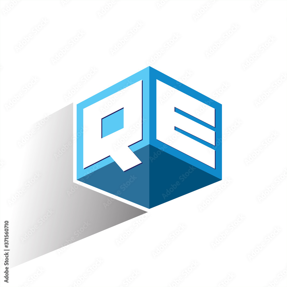 Letter QE logo in hexagon shape and blue background, cube logo with ...