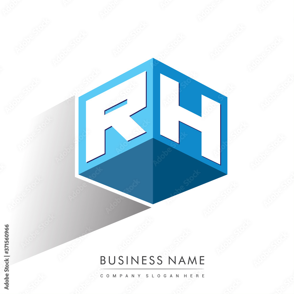 Letter RH logo in hexagon shape and blue background, cube logo with ...
