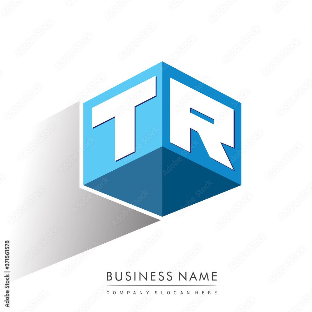 Letter TR logo in hexagon shape and blue background, cube logo with ...