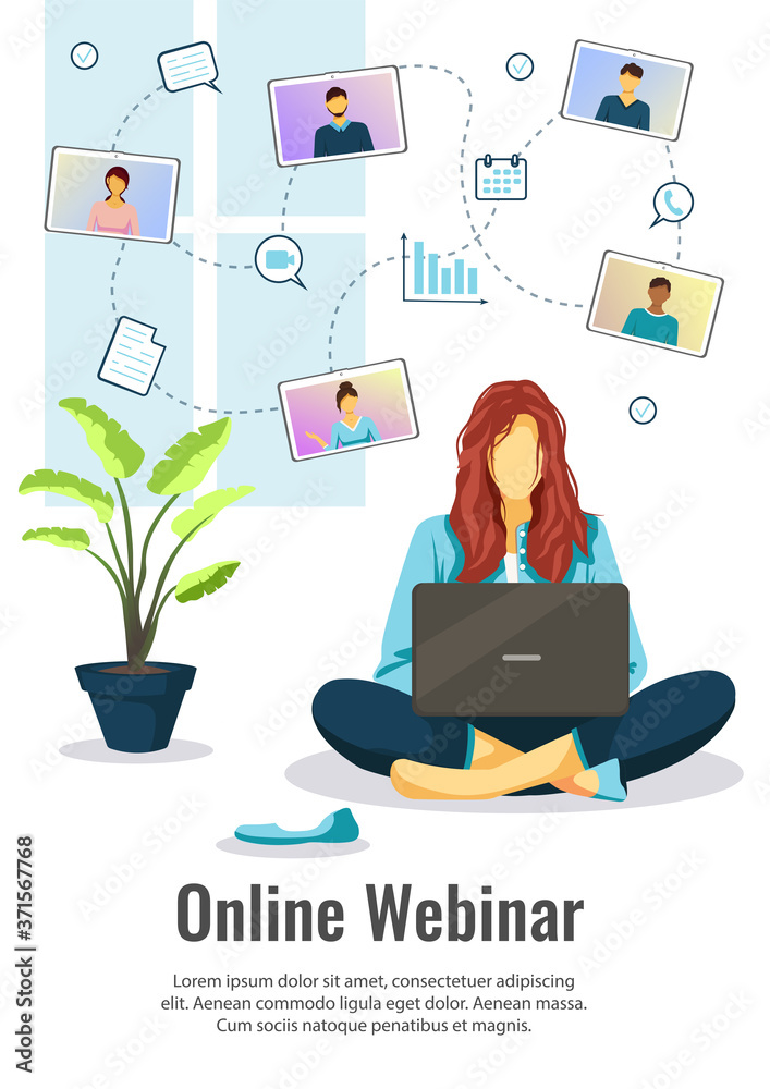 Flyer design with woman sitting with laptop. Online webinar, distance ...