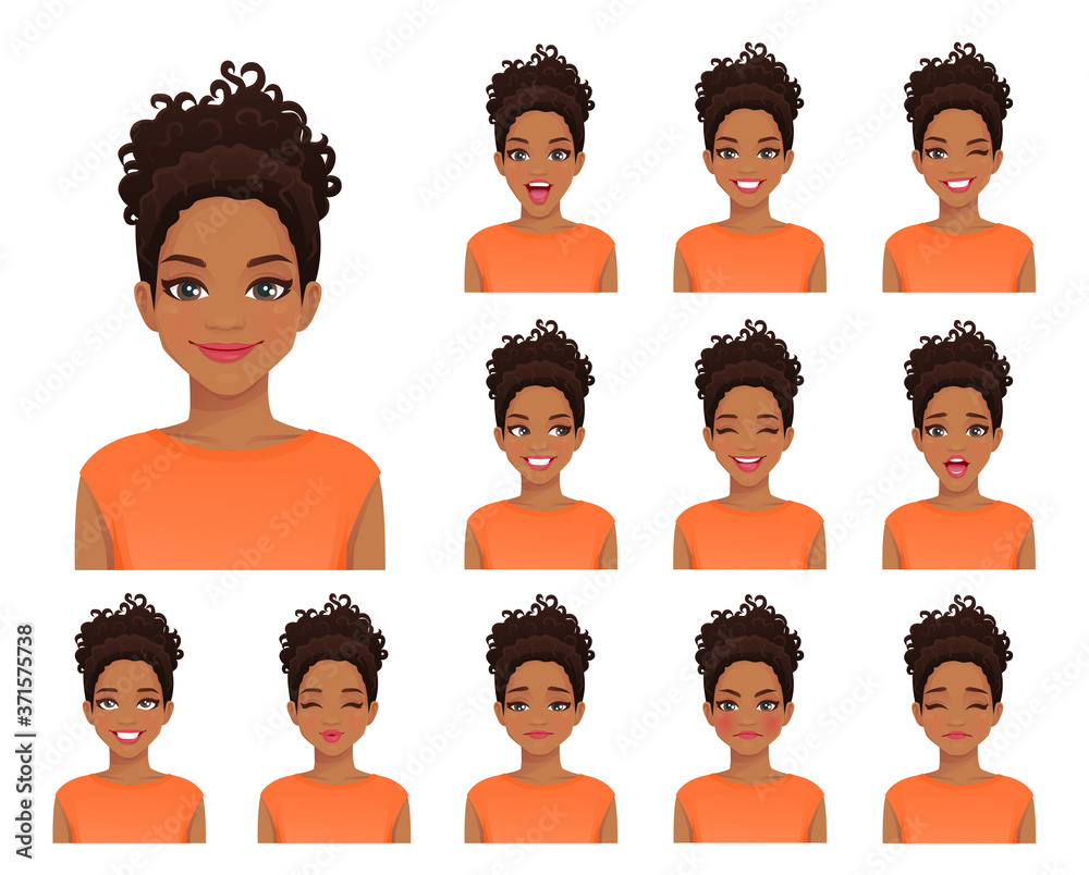 African american woman with different facial expressions and afro ...