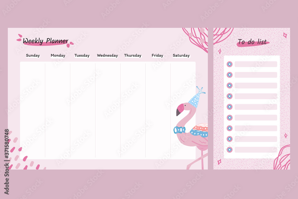 pink weekly planner template with cute flamingo and abstract elements ...