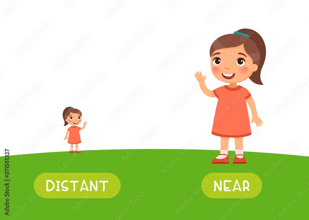 Distant and near antonyms word card vector template. Opposites concept ...