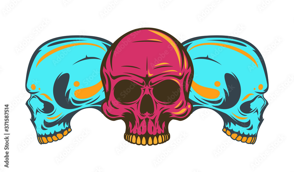 Vintage colorful three human skull isolated on white background. Bright ...