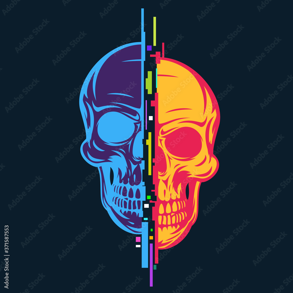 Vintage colorful sliced human skull with abstract distortion lines ...