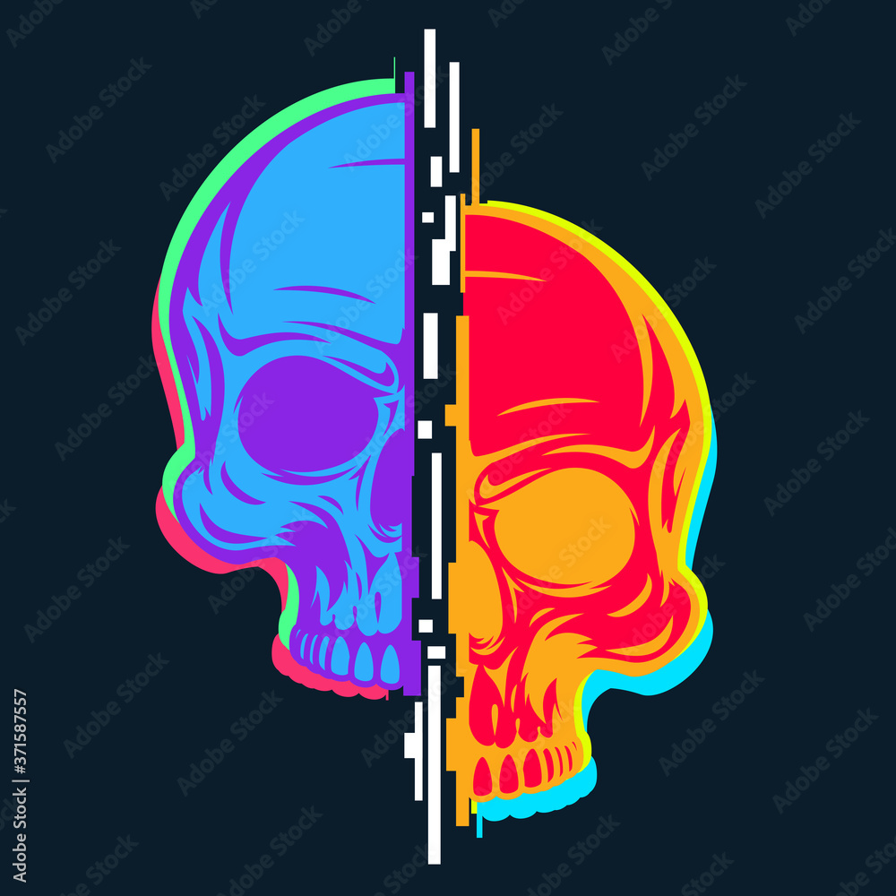 Vintage colorful sliced human skull with abstract distortion lines ...