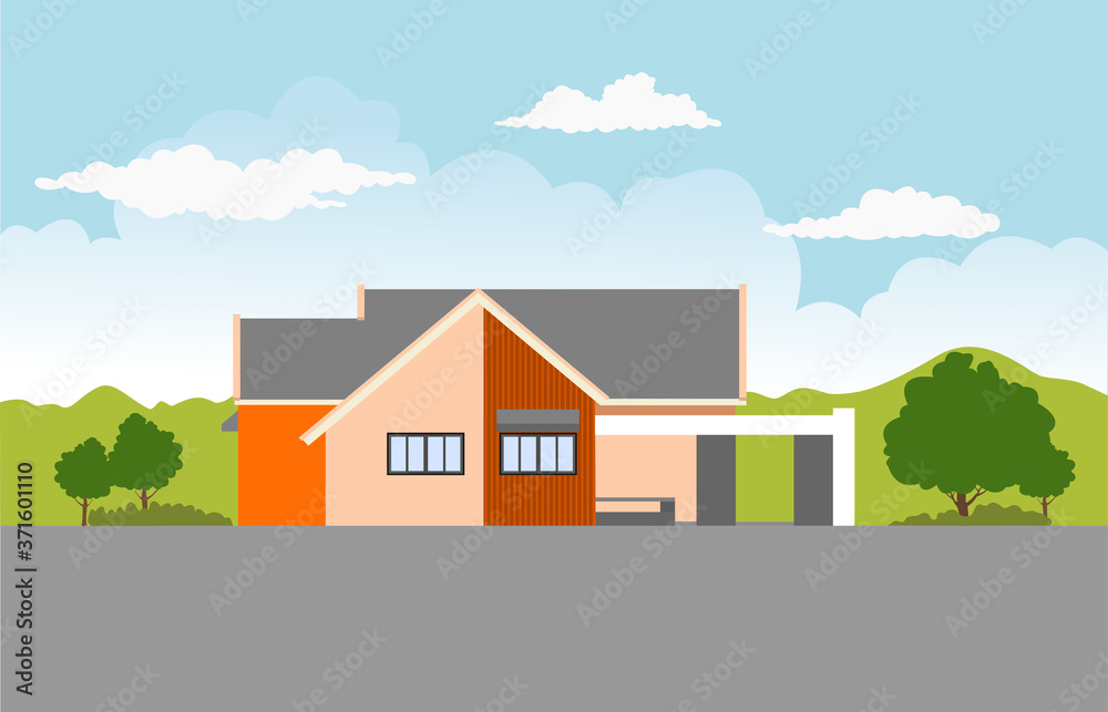 Vector color paint side view of tropical modern house exterior.Single ...