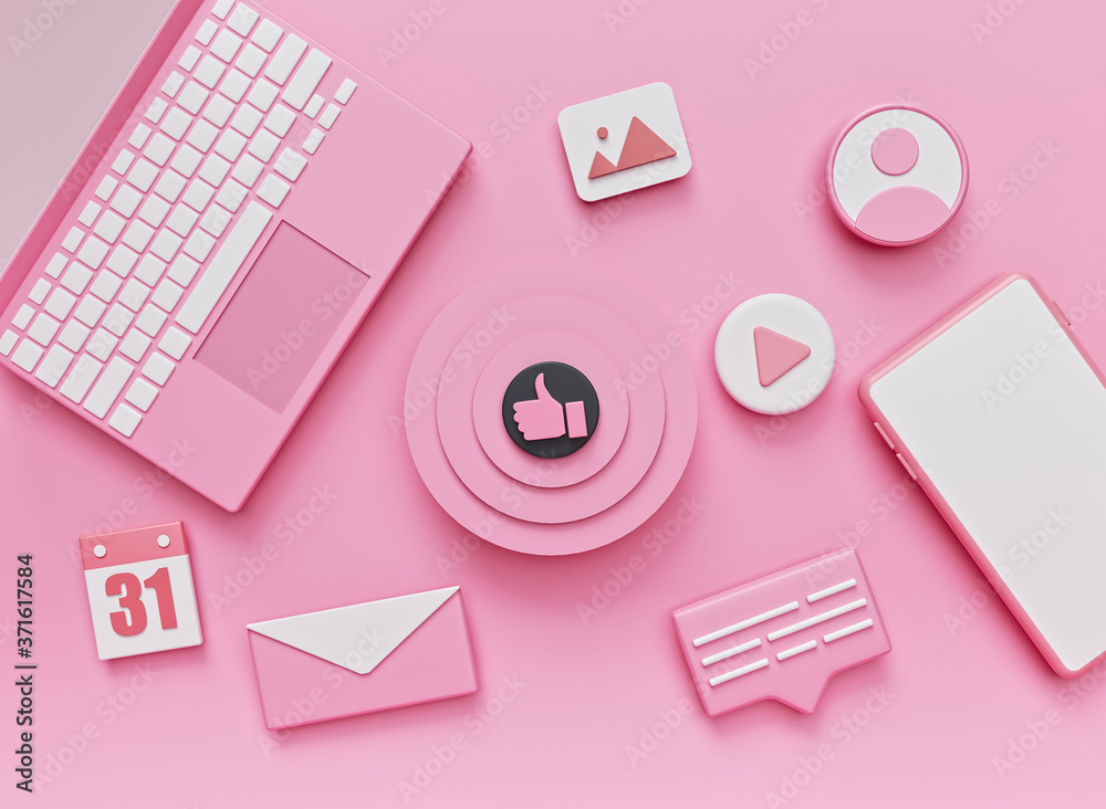 laptop, smartphone and social media icons. modern pastel minimal ...