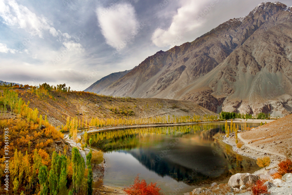 landscapes of phandar lake in autumn at ghazar . lakes peaks and ...