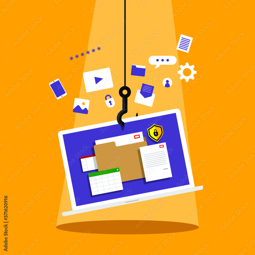 Hacker phishing personal data, vector concept. Hacking and fraud Internet phishing attack on ...