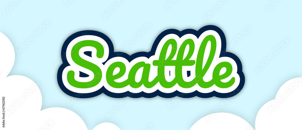 "Seattle", big bold stroke text in football colours, floating in sky ...