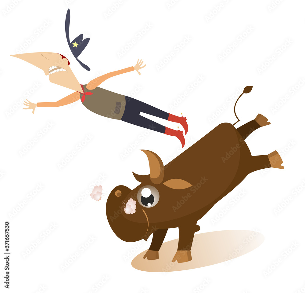 Man or cowboy falls from the bull illustration. Comic man or cowboy in ...