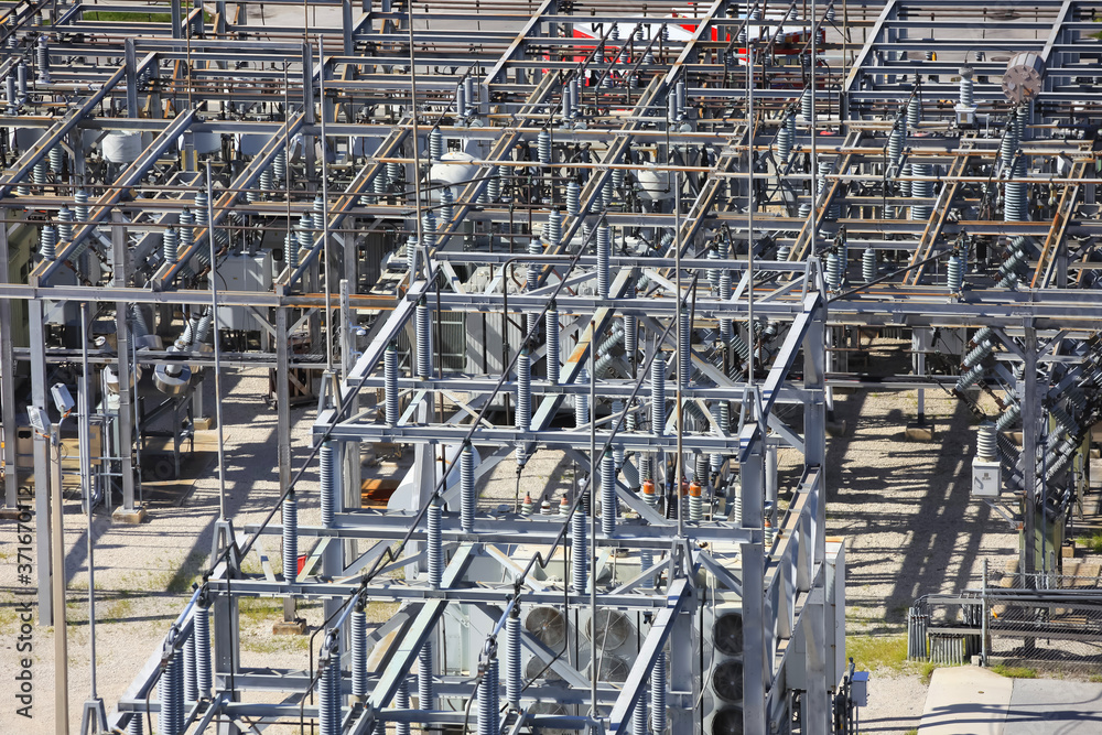 High voltage transformers and substation top view Stock Photo | Adobe Stock