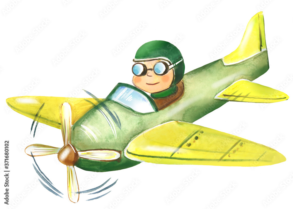 Watercolor illustration of cartoon pilot flying an airplane. Child's ...