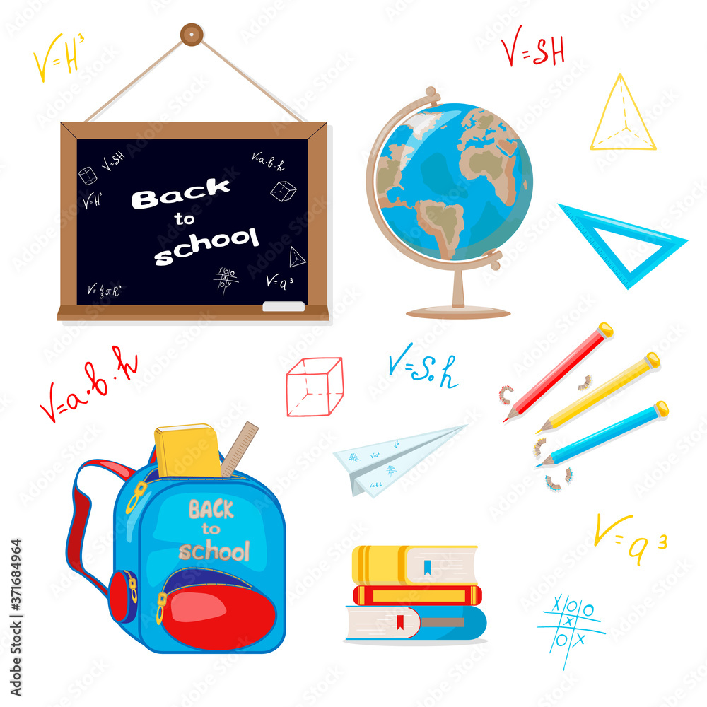 Set of School supplies. Blackboard, globe, school bag, triangular ruler ...