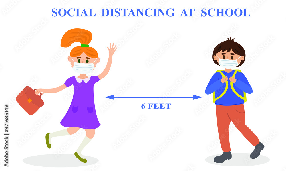 Kids wearing protection medical masks and keeping social distance. Back ...