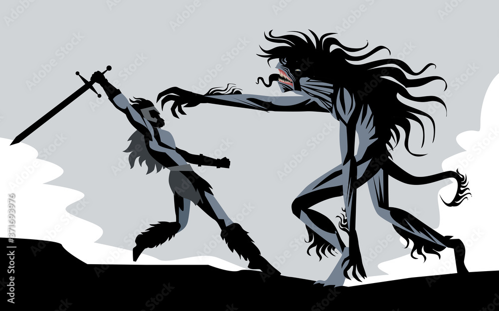Vetor de beowulf fighting the grendel do Stock | Adobe Stock