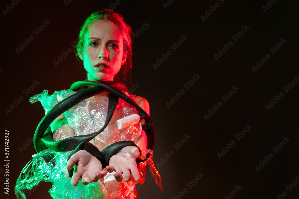 Portrait of unhappy, upset girl. Young woman is choking, bounded ...