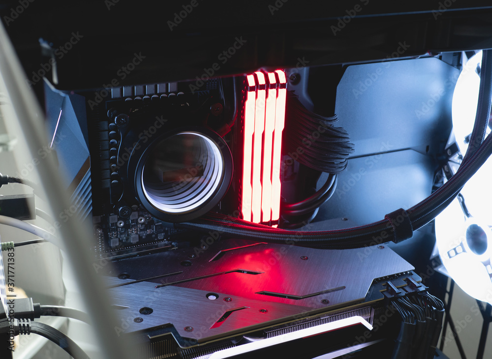 inside Gaming PC with RGB LED lights, liquid cooling. Stock Photo ...