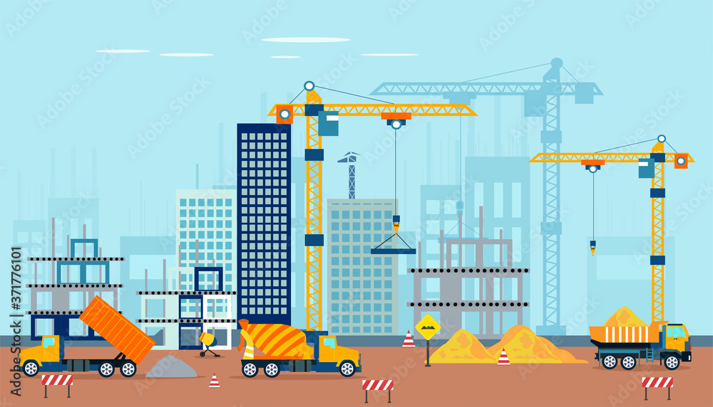 Vector of a construction site with machinery building a high rise ...