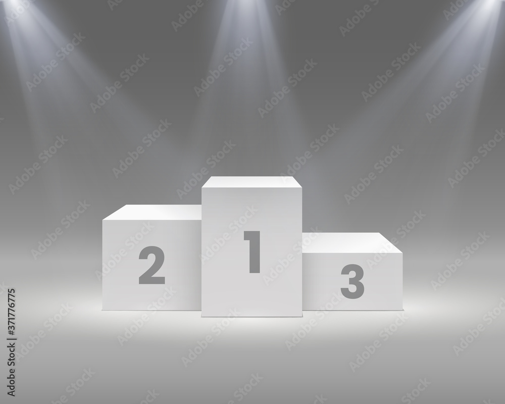 Winner podium. White pedestal with spotlights, empty stage for award ... Winner podium. White pedestal with spotlights, empty stage for award ...