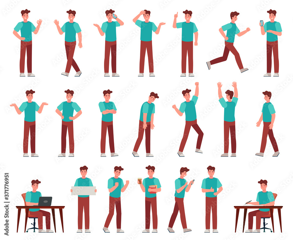 Cartoon man in casual outfit. Young male character in different poses ...