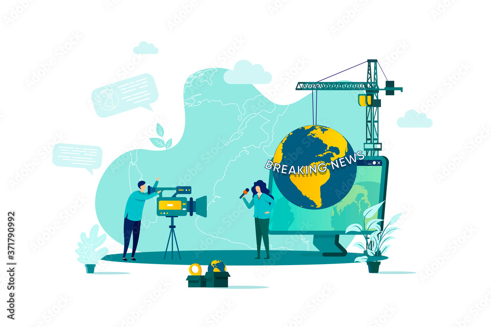 Journalist concept in flat style. Journalist and cameraman making ...